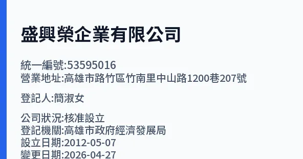 盛興榮企業有限公司的照片-統編 53595016(高雄市) 公司登記資料與營業項目詳細圖表