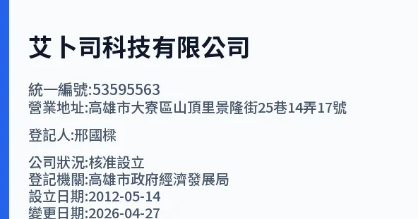 艾卜司科技有限公司的照片-統編 53595563(高雄市) 公司登記資料與營業項目詳細圖表