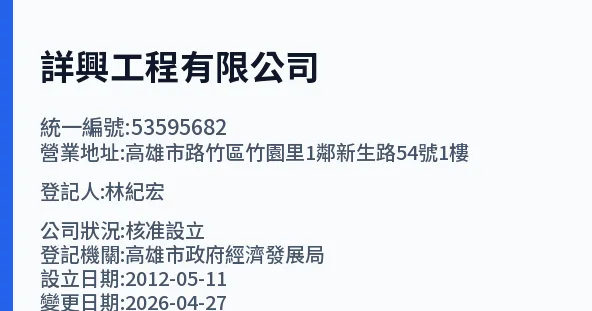 詳興工程有限公司的照片-統編 53595682(高雄市) 公司登記資料與營業項目詳細圖表