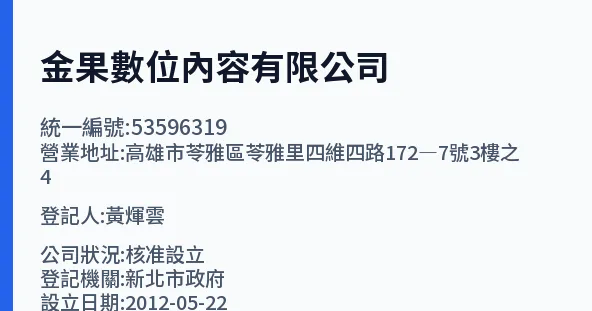金果數位內容有限公司的照片-統編 53596319(高雄市) 公司登記資料與營業項目詳細圖表