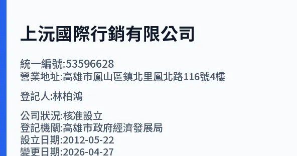 上沅國際行銷有限公司的照片-統編 53596628(高雄市) 公司登記資料與營業項目詳細圖表
