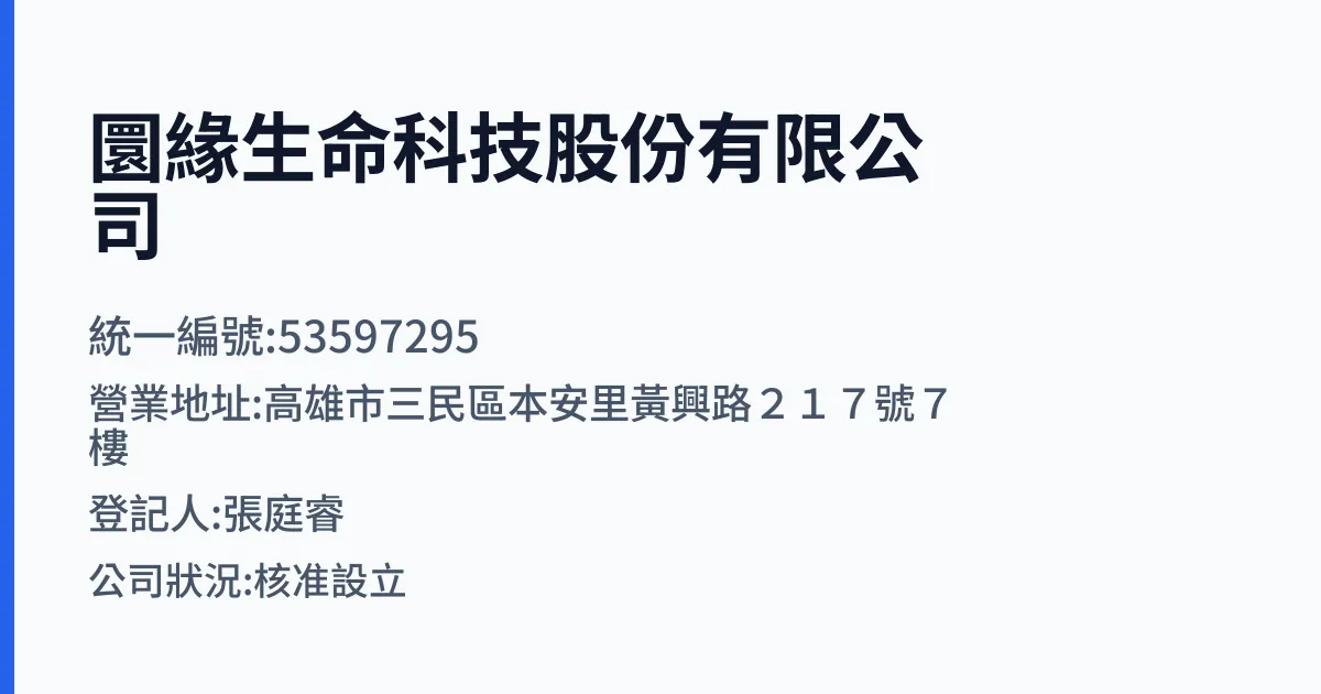 圜緣生命科技股份有限公司 - 統編 53597295(高雄市) 公司登記資料與營業項目詳細圖表