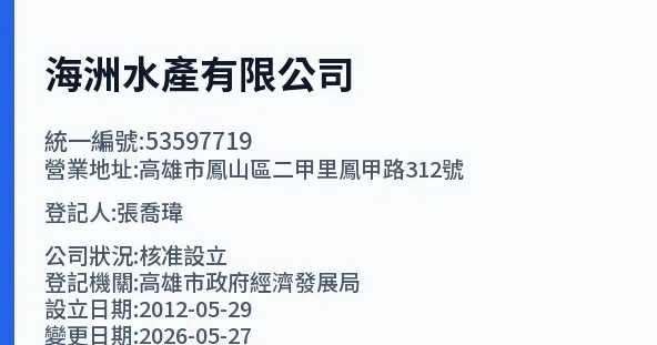 海洲水產有限公司的照片-統編 53597719(高雄市) 公司登記資料與營業項目詳細圖表