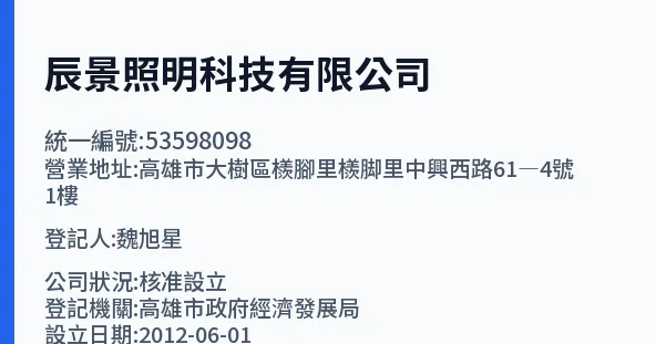 辰景照明科技有限公司的照片-統編 53598098(高雄市) 公司登記資料與營業項目詳細圖表