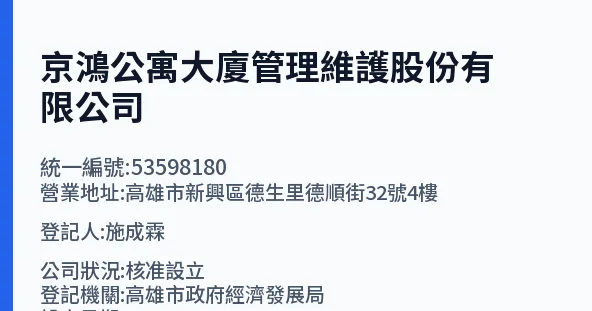 京鴻公寓大廈管理維護股份有限公司的照片-統編 53598180(高雄市) 公司登記資料與營業項目詳細圖表