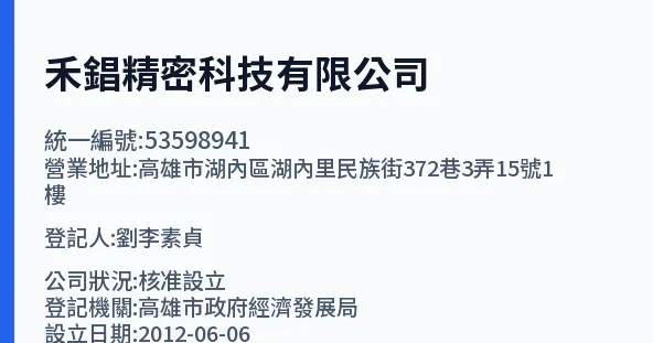 禾錩精密科技有限公司的照片-統編 53598941(高雄市) 公司登記資料與營業項目詳細圖表
