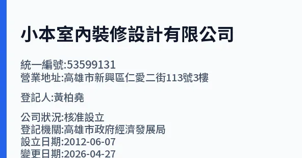 小本室內裝修設計有限公司的照片-統編 53599131(高雄市) 公司登記資料與營業項目詳細圖表