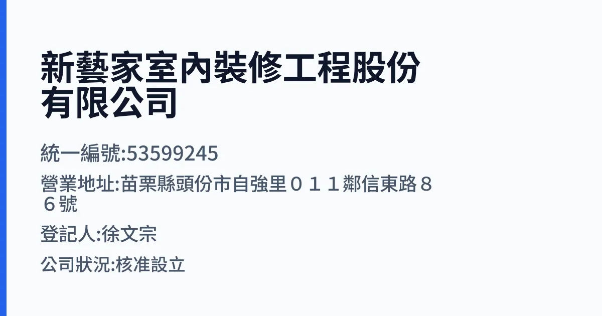 新藝家室內裝修工程股份有限公司 - 統編 53599245(苗栗縣) 公司登記資料與營業項目詳細圖表