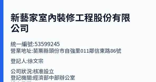 新藝家室內裝修工程股份有限公司的照片-統編 53599245(苗栗縣) 公司登記資料與營業項目詳細圖表