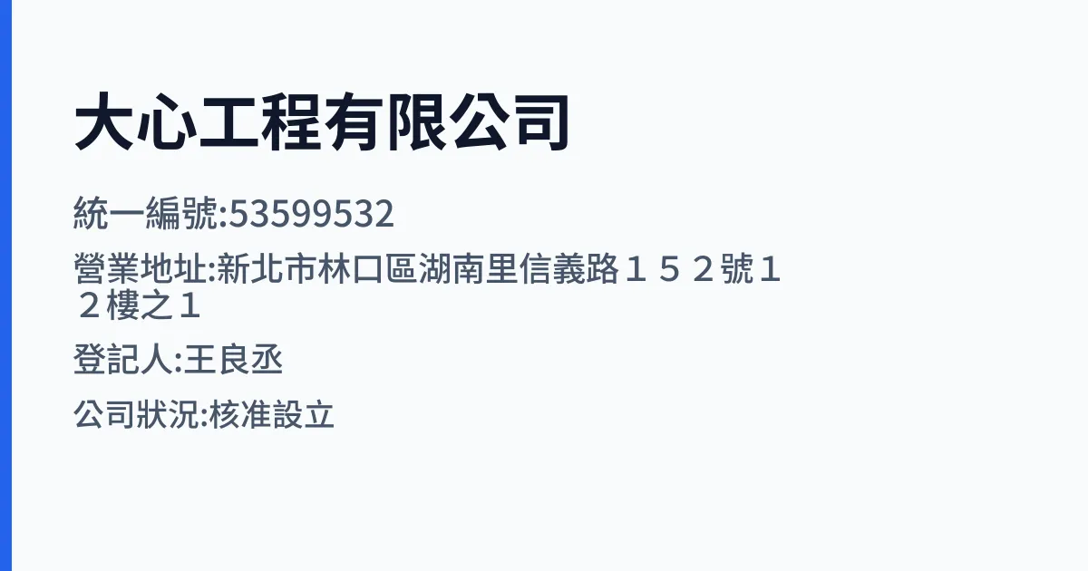 大心工程有限公司 - 統編 53599532(新北市) 公司登記資料與營業項目詳細圖表