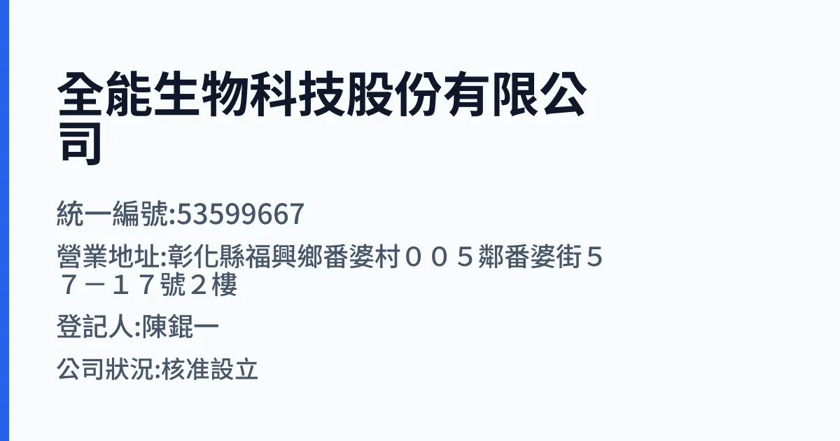 全能生物科技股份有限公司 - 統編 53599667(彰化縣) 公司登記資料與營業項目詳細圖表