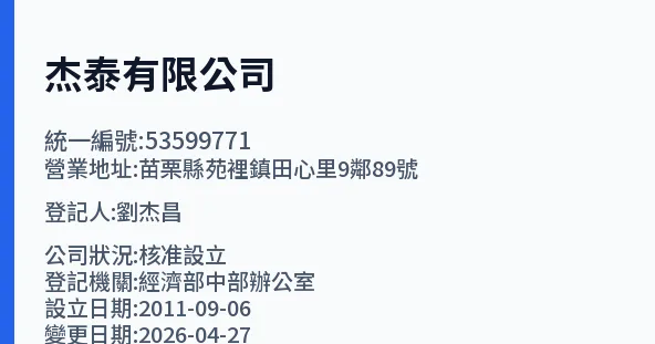 杰泰有限公司的照片-統編 53599771(苗栗縣) 公司登記資料與營業項目詳細圖表
