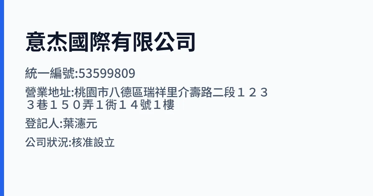 意杰國際有限公司 - 統編 53599809(桃園市) 公司登記資料與營業項目詳細圖表