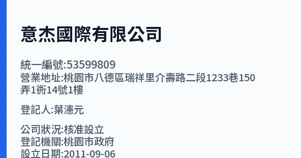 意杰國際有限公司的照片-統編 53599809(桃園市) 公司登記資料與營業項目詳細圖表