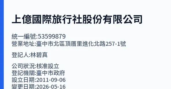 上億國際旅行社股份有限公司的照片-統編 53599879(臺中市) 公司登記資料與營業項目詳細圖表