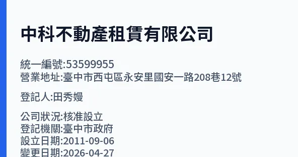 中科不動產租賃有限公司的照片-統編 53599955(臺中市) 公司登記資料與營業項目詳細圖表