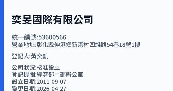 奕旻國際有限公司的照片-統編 53600566(彰化縣) 公司登記資料與營業項目詳細圖表