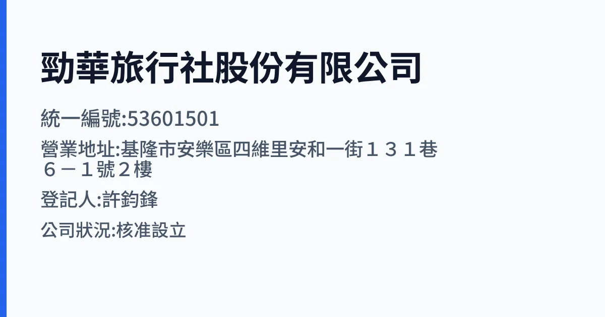 勁華旅行社股份有限公司 - 統編 53601501(基隆市) 公司登記資料與營業項目詳細圖表