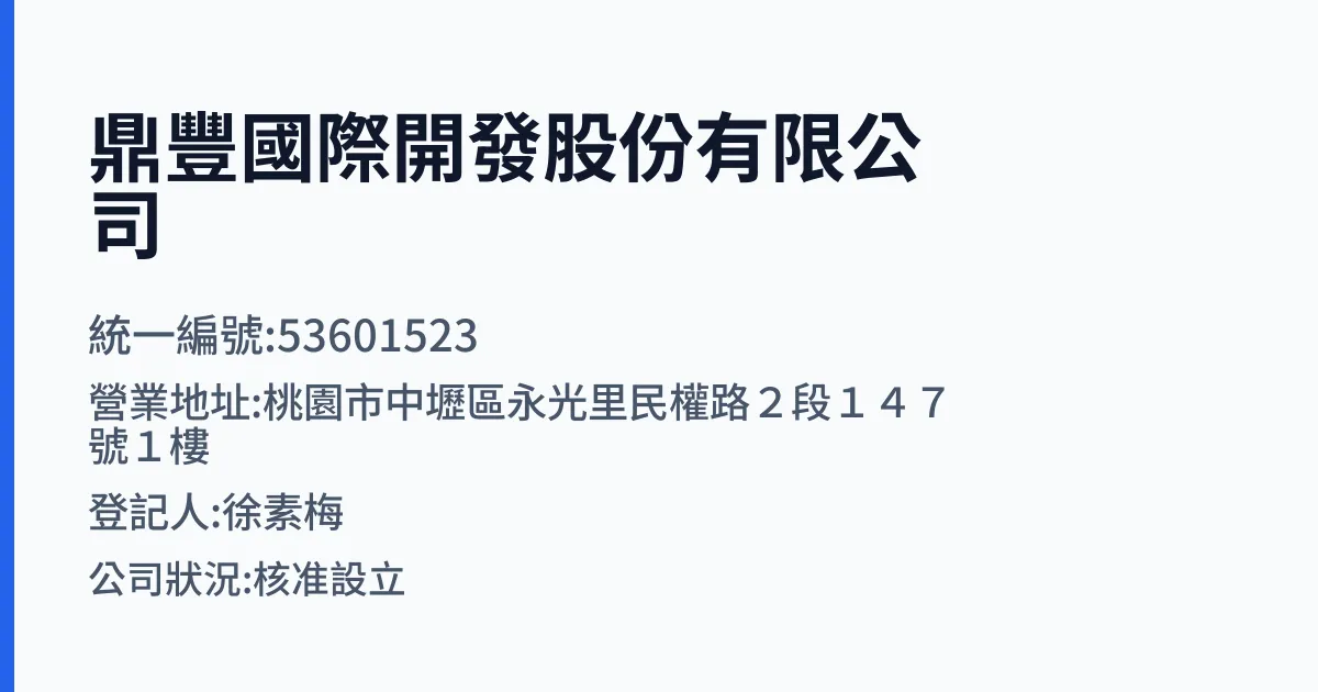 鼎豐國際開發股份有限公司 - 統編 53601523(桃園市) 公司登記資料與營業項目詳細圖表