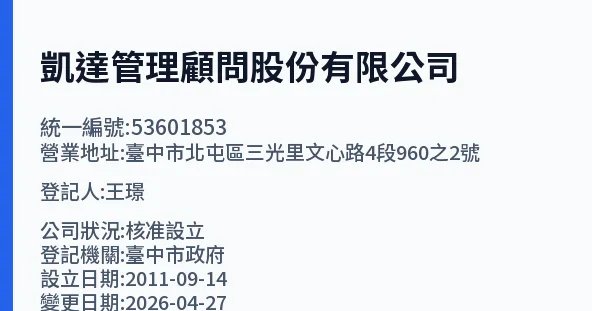 凱達管理顧問股份有限公司的照片-統編 53601853(臺中市) 公司登記資料與營業項目詳細圖表