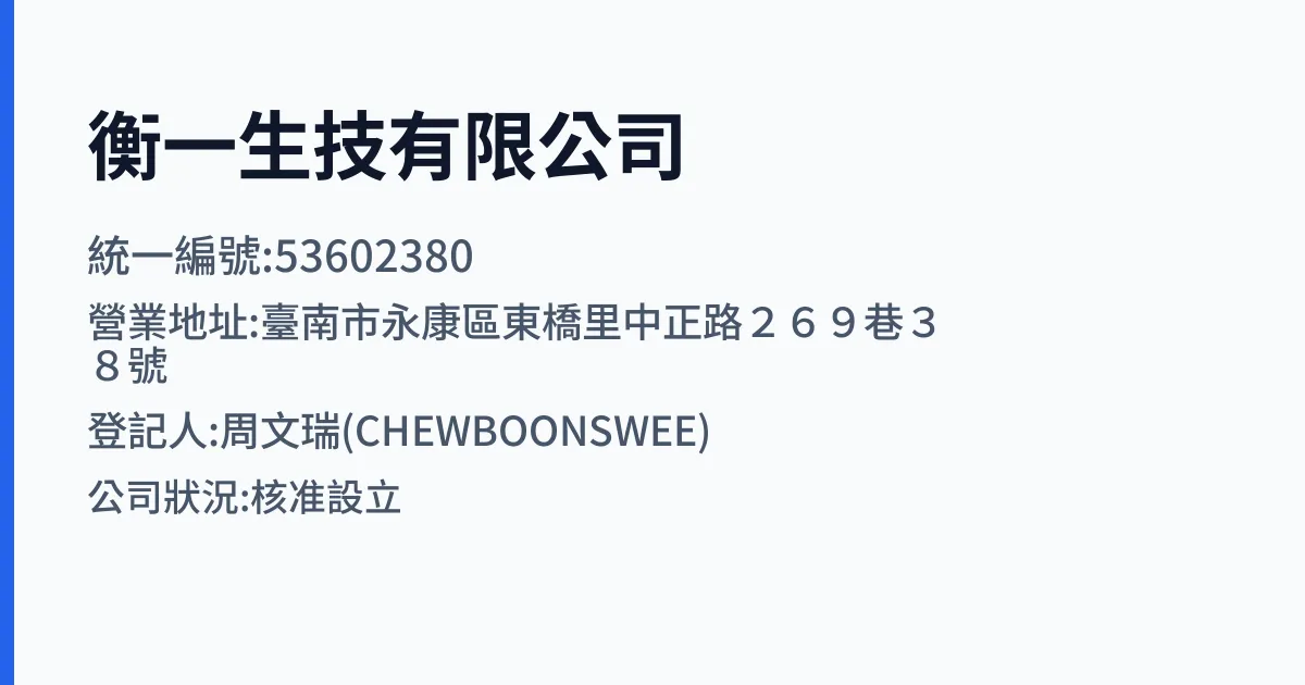 衡一生技有限公司 - 統編 53602380(臺南市) 公司登記資料與營業項目詳細圖表