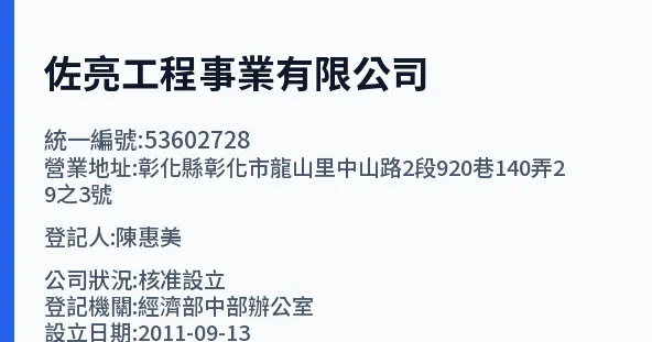 佐亮工程事業有限公司的照片-統編 53602728(彰化縣) 公司登記資料與營業項目詳細圖表