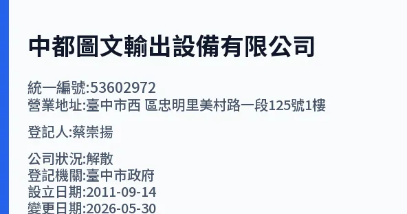 中都圖文輸出設備有限公司的照片-統編 53602972(臺中市) 公司登記資料與營業項目詳細圖表