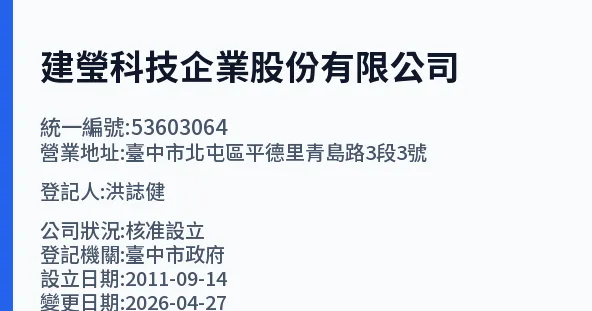 建瑩科技企業股份有限公司的照片-統編 53603064(臺中市) 公司登記資料與營業項目詳細圖表