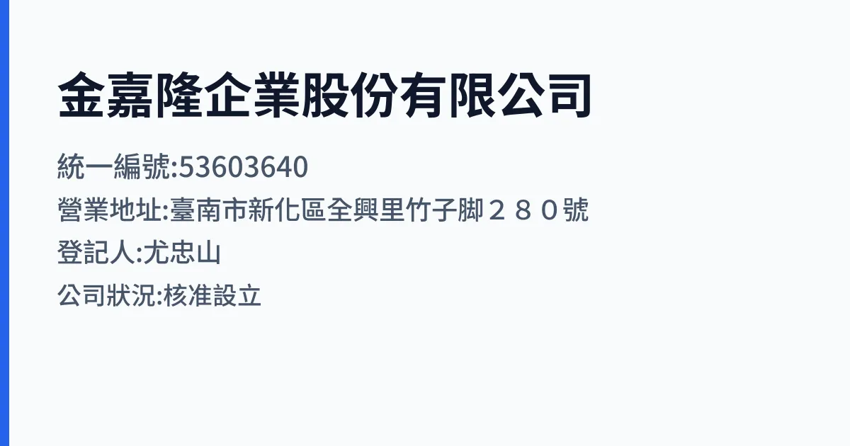 金嘉隆企業股份有限公司 - 統編 53603640(臺南市) 公司登記資料與營業項目詳細圖表