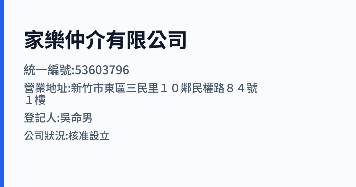 家樂仲介有限公司 - 統編 53603796(新竹市) 公司登記資料與營業項目詳細圖表