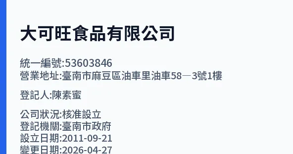 大可旺食品有限公司的照片-統編 53603846(臺南市) 公司登記資料與營業項目詳細圖表