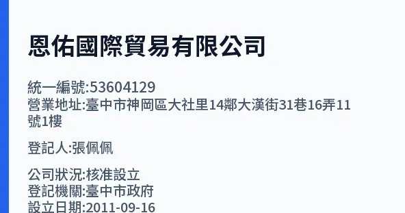 恩佑國際貿易有限公司的照片-統編 53604129(臺中市) 公司登記資料與營業項目詳細圖表