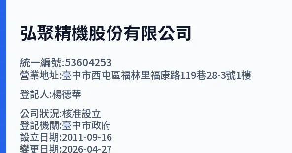 弘聚精機股份有限公司的照片-統編 53604253(臺中市) 公司登記資料與營業項目詳細圖表