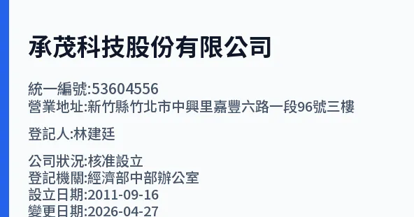 承茂科技股份有限公司的照片-統編 53604556(新竹縣) 公司登記資料與營業項目詳細圖表