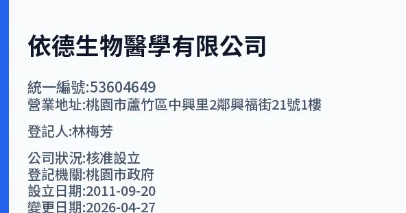 依德生物醫學有限公司的照片-統編 53604649(桃園市) 公司登記資料與營業項目詳細圖表