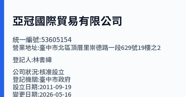 亞冠國際貿易有限公司的照片-統編 53605154(臺中市) 公司登記資料與營業項目詳細圖表