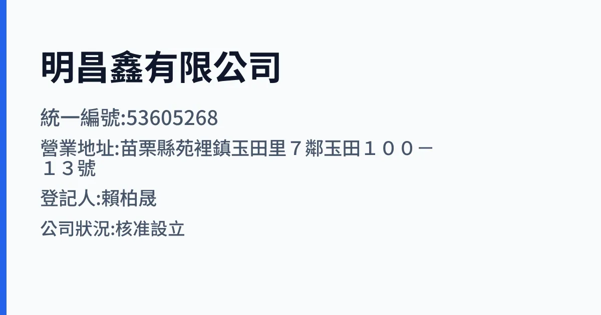 明昌鑫有限公司 - 統編 53605268(苗栗縣) 公司登記資料與營業項目詳細圖表