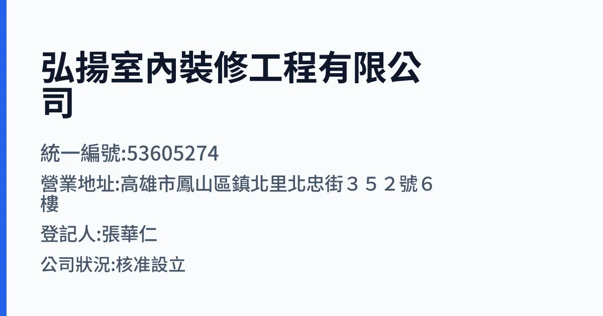 弘揚室內裝修工程有限公司 - 統編 53605274(高雄市) 公司登記資料與營業項目詳細圖表