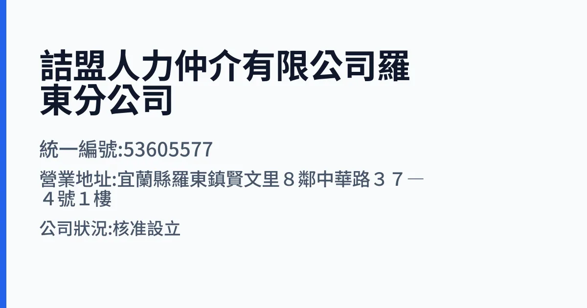 詰盟人力仲介有限公司羅東分公司 - 統編 53605577(宜蘭縣) 公司登記資料與營業項目詳細圖表