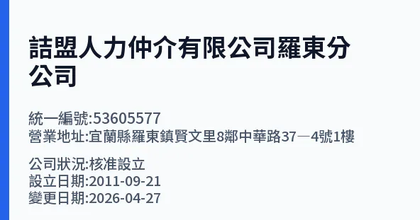 詰盟人力仲介有限公司羅東分公司的照片-統編 53605577(宜蘭縣) 公司登記資料與營業項目詳細圖表