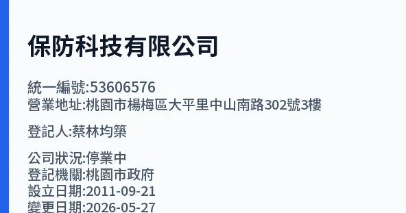 保防科技有限公司的照片-統編 53606576(桃園市) 公司登記資料與營業項目詳細圖表