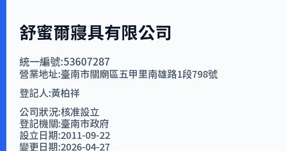 舒蜜爾寢具有限公司的照片-統編 53607287(臺南市) 公司登記資料與營業項目詳細圖表