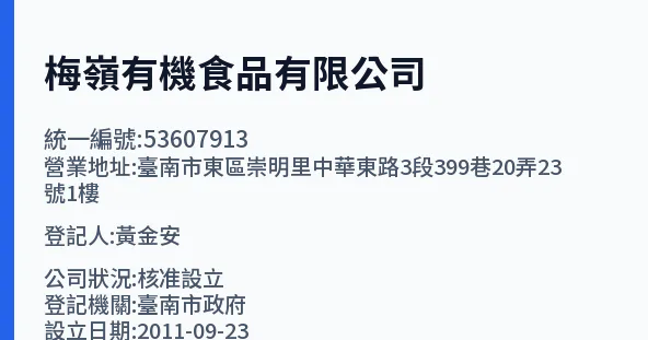 梅嶺有機食品有限公司的照片-統編 53607913(臺南市) 公司登記資料與營業項目詳細圖表