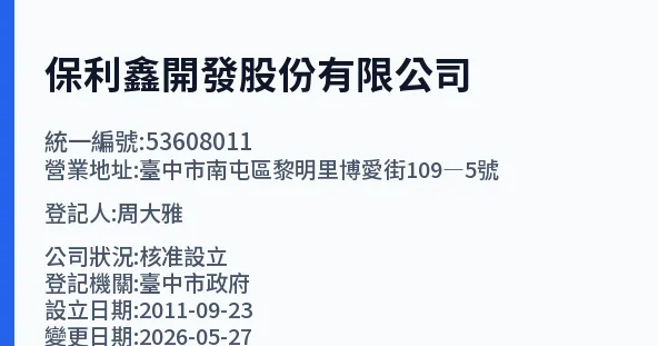 保利鑫開發股份有限公司的照片-統編 53608011(臺中市) 公司登記資料與營業項目詳細圖表