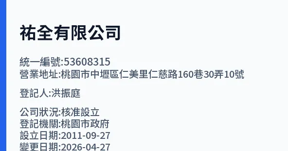 祐全有限公司的照片-統編 53608315(桃園市) 公司登記資料與營業項目詳細圖表