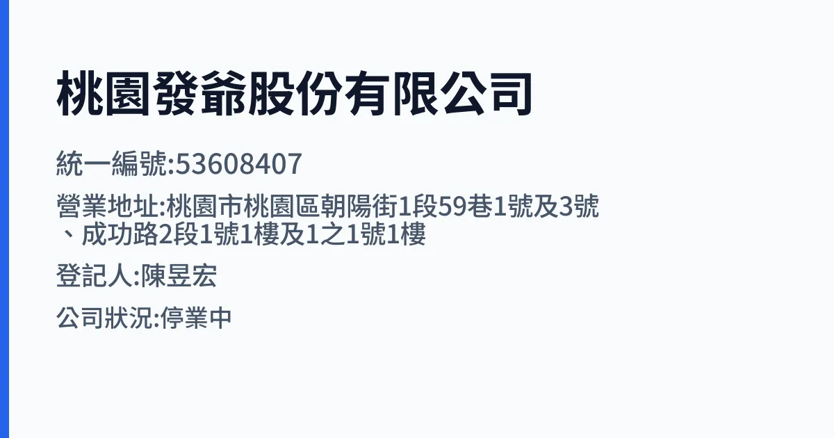 桃園發爺股份有限公司 - 統編 53608407(桃園市) 公司登記資料與營業項目詳細圖表