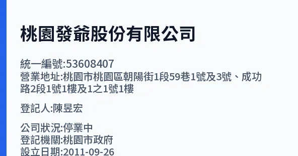 桃園發爺股份有限公司的照片-統編 53608407(桃園市) 公司登記資料與營業項目詳細圖表