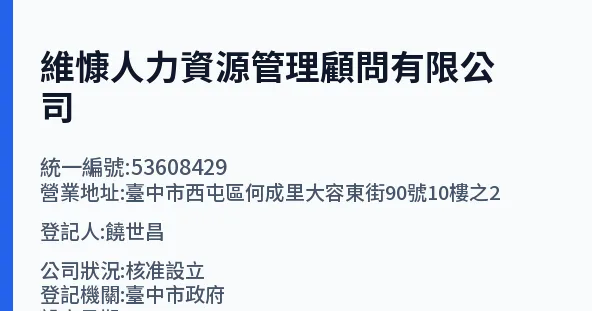 維慷人力資源管理顧問有限公司的照片-統編 53608429(臺中市) 公司登記資料與營業項目詳細圖表