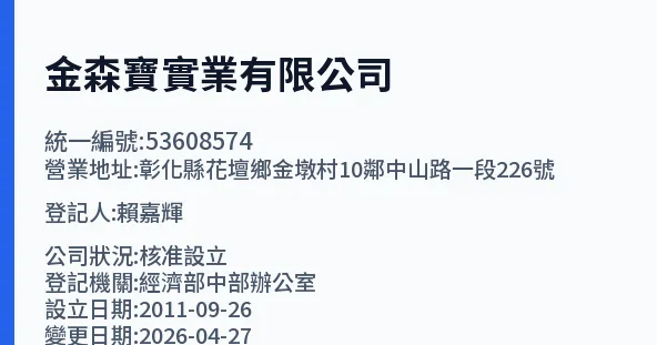 金森寶實業有限公司的照片-統編 53608574(彰化縣) 公司登記資料與營業項目詳細圖表