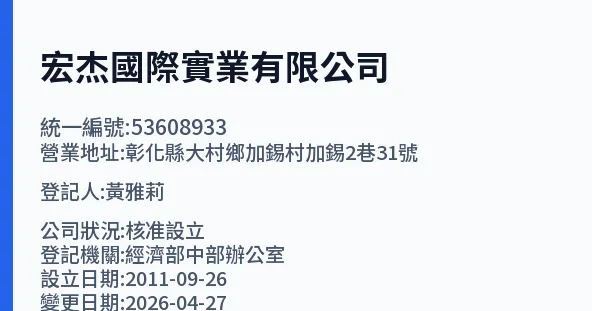 宏杰國際實業有限公司的照片-統編 53608933(彰化縣) 公司登記資料與營業項目詳細圖表